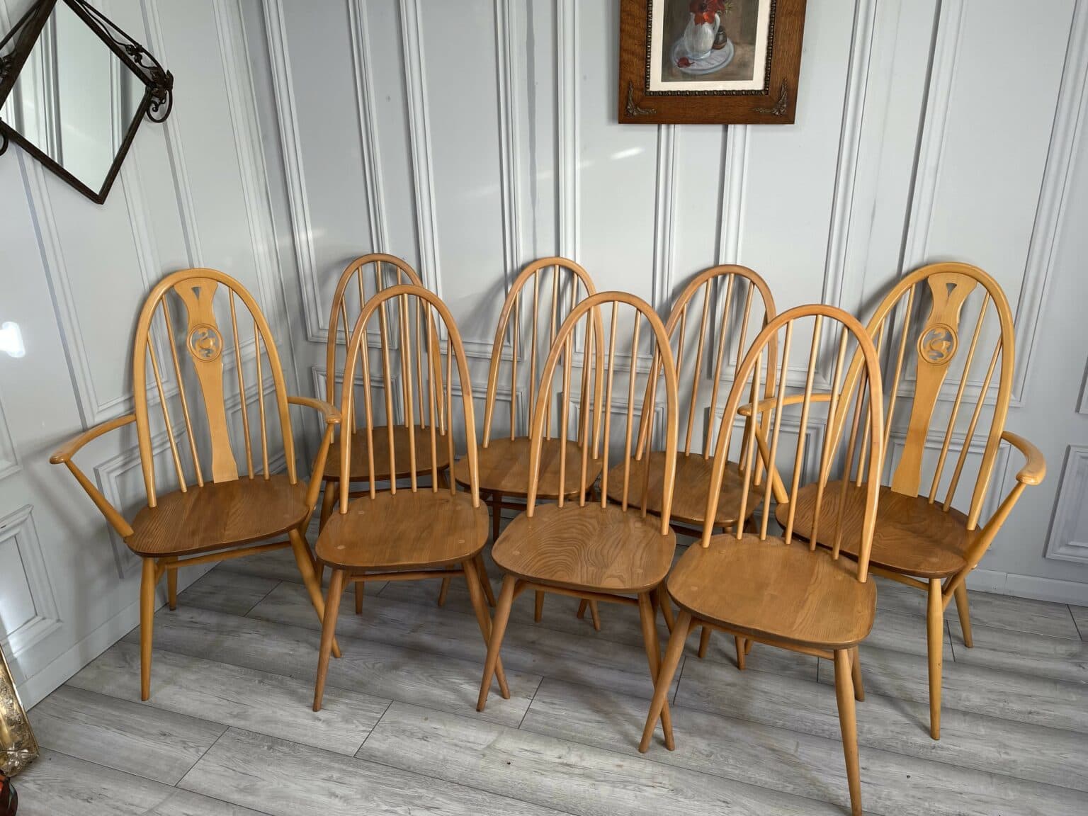 Set Of Eight Vintage Ercol Quaker Dining Chairs Including Two Swan Back ...